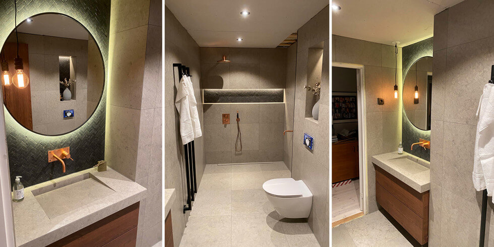 Badrum med kakel vs plastmatta, våtrumsskiva och målade väggar | Byggahus.se